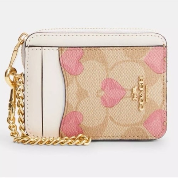 Coach | Bags | Coach Zip Card Case In Signature Canvas With Heart Print ...
